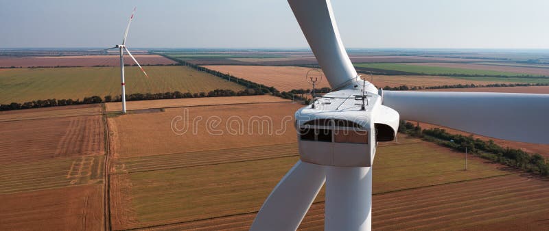 Wind Turbines on Flat Terrain. Panorama. Green Energy Stock Image ...