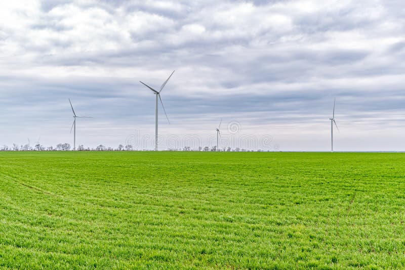 Wind Turbines Generating Electricity in a Green Field. Green Power ...