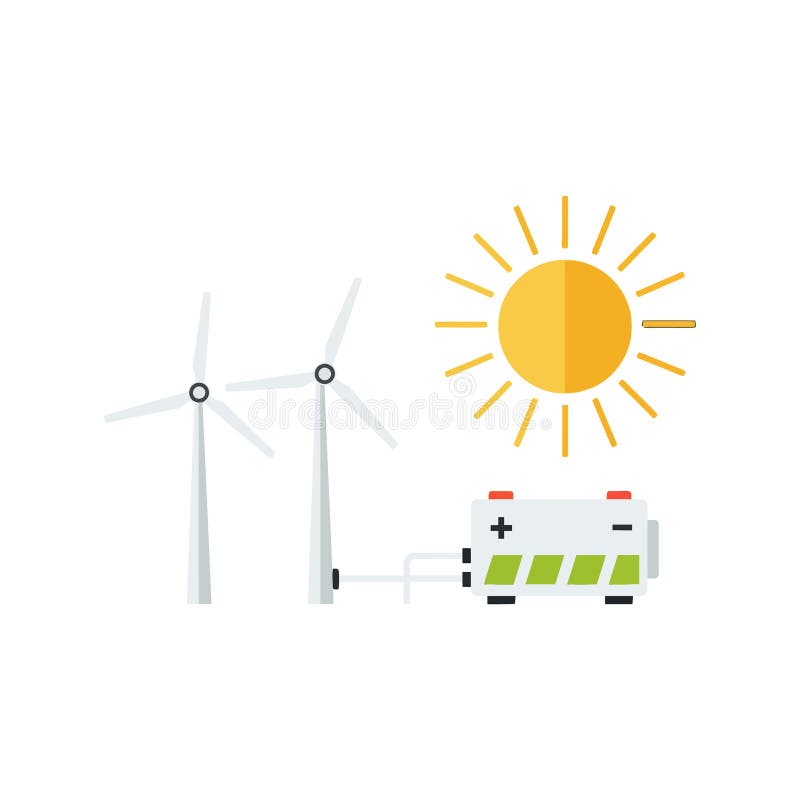 Wind Turbines Generating Renewable Energy beside a Solar Battery Under ...