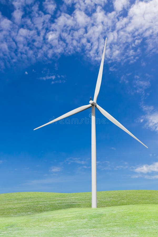 Wind Turbines on Grass Field and Blue Sky Stock Image - Image of grass ...