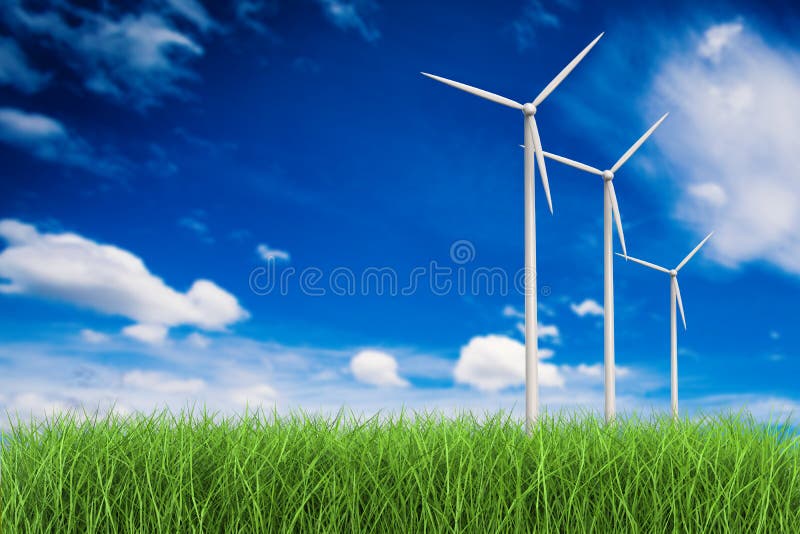 Wind Turbines in Grass Field Stock Illustration - Illustration of ...