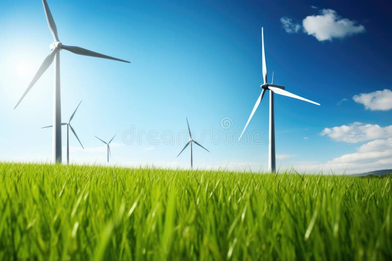 Wind Turbines in a Green Grass Field Against a Clear Sky Stock ...