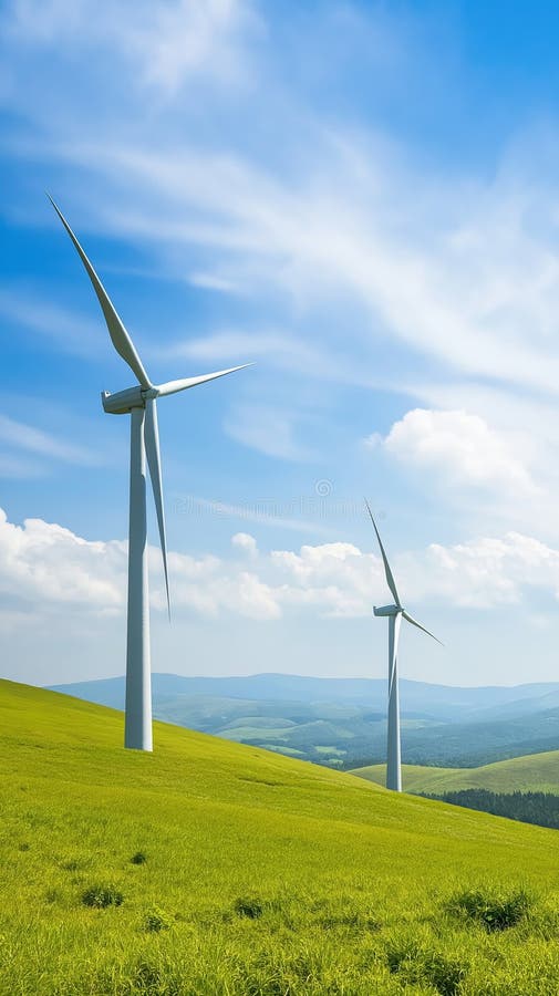 Wind Turbines on a Green Hill, Clean Energy, Environmental Conservation ...
