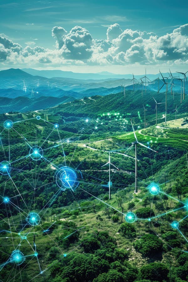 Wind Turbines on a Green Landscape Interconnected with Glowing Lines ...