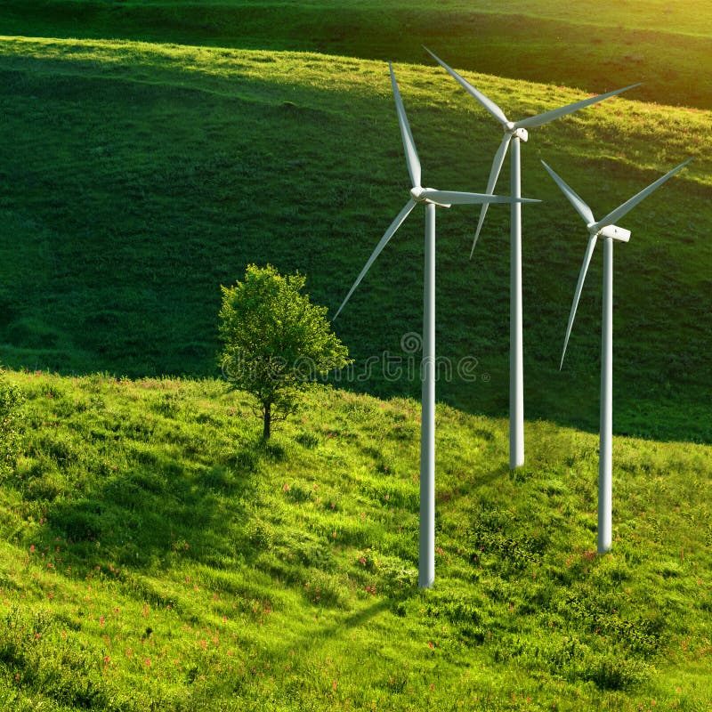 Green Energy Concept - Natural Wind Generator Turbines on Summer Stock ...