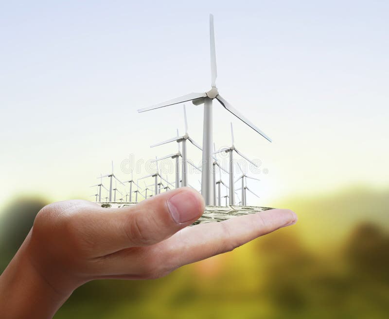 Wind turbines in the hand stock illustration. Illustration of nature ...