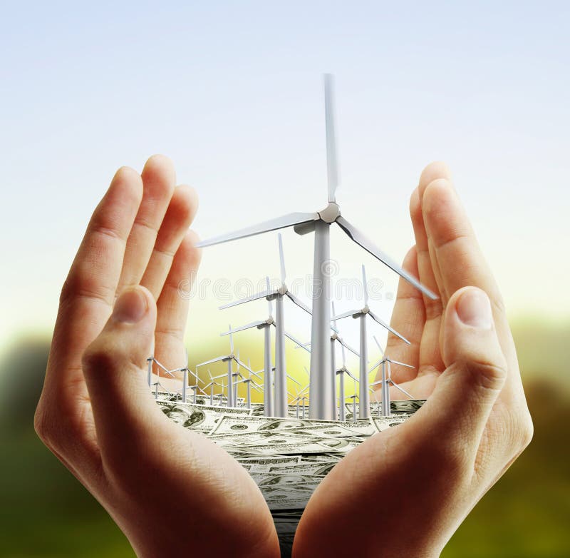 Wind turbines in the hand stock illustration. Illustration of nature ...