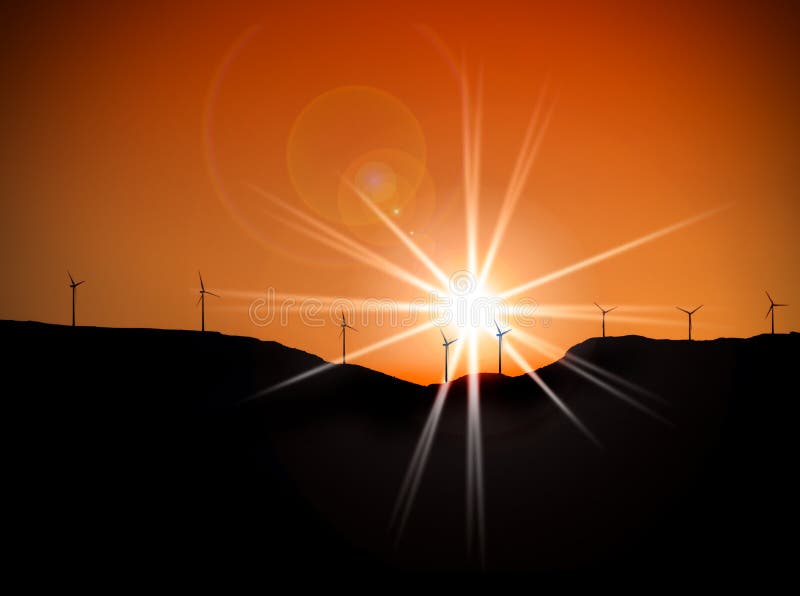 Wind Turbines on a Hill Backlit by the Sun, Producing Clean Energy ...