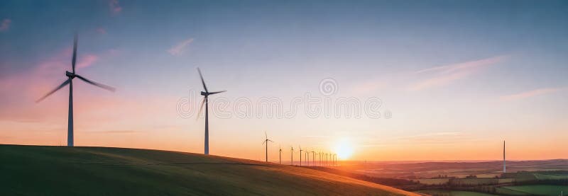 Wind Turbines on a Hill with the Sun Setting Behind Them Stock ...