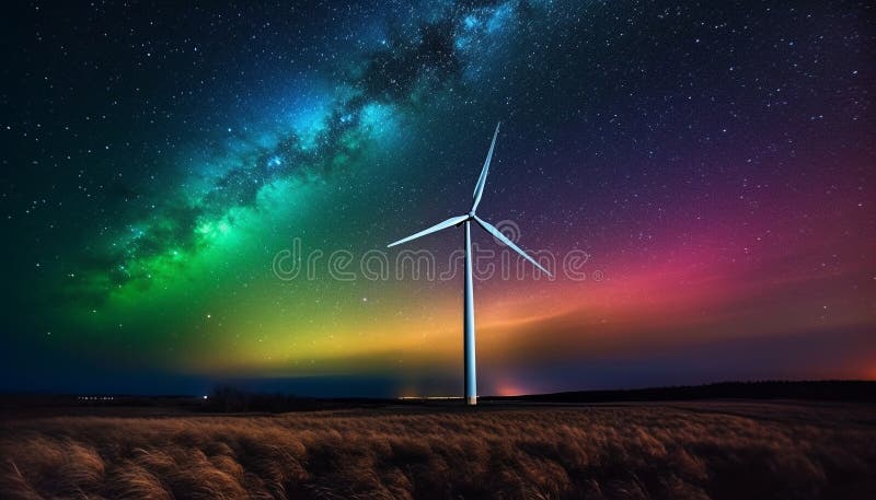 Wind Turbines Illuminate Starry Night, Powering Alternative Energy ...