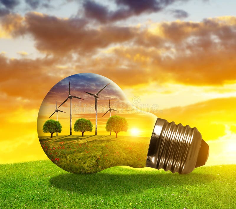 Wind Turbines in Light Bulb at Sunset. Stock Image - Image of energy ...