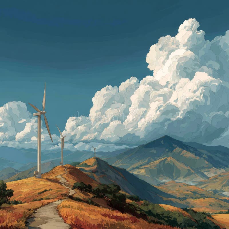 Wind Turbines on a Mountain Path Under a Sunny Sky Stock Illustration ...