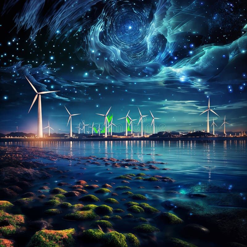 Wind Turbines in the Night Sky Over the Sea. 3D Rendering, Generative ...