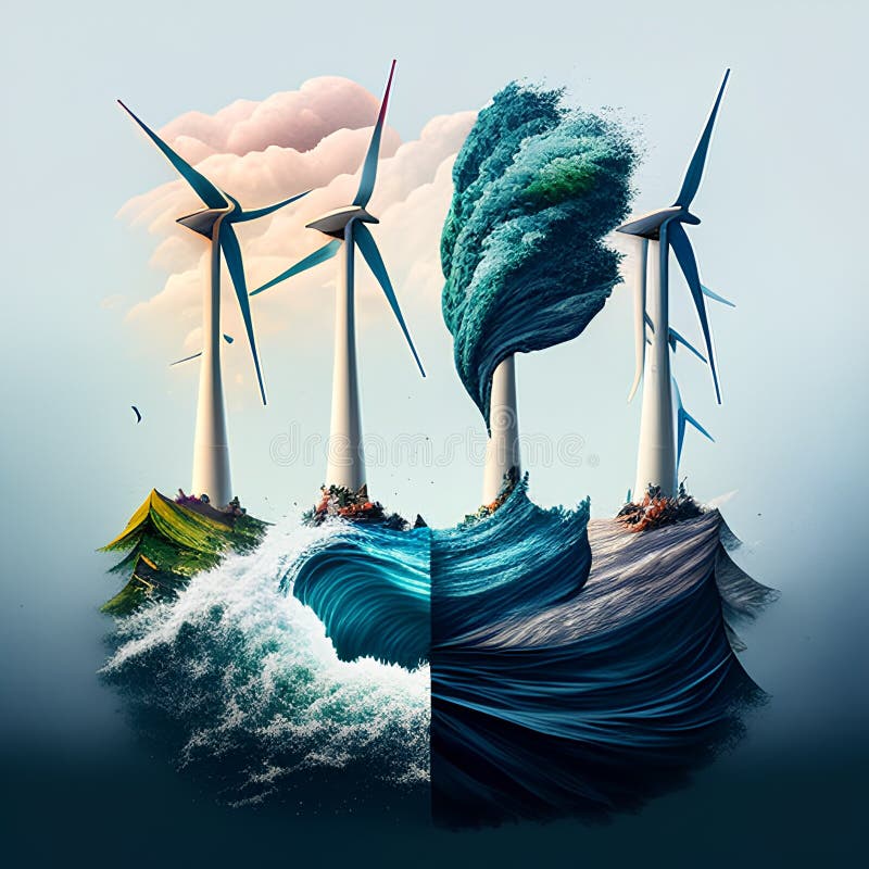 Wind Turbines in the Ocean. Renewable Energy Concept Stock Illustration ...