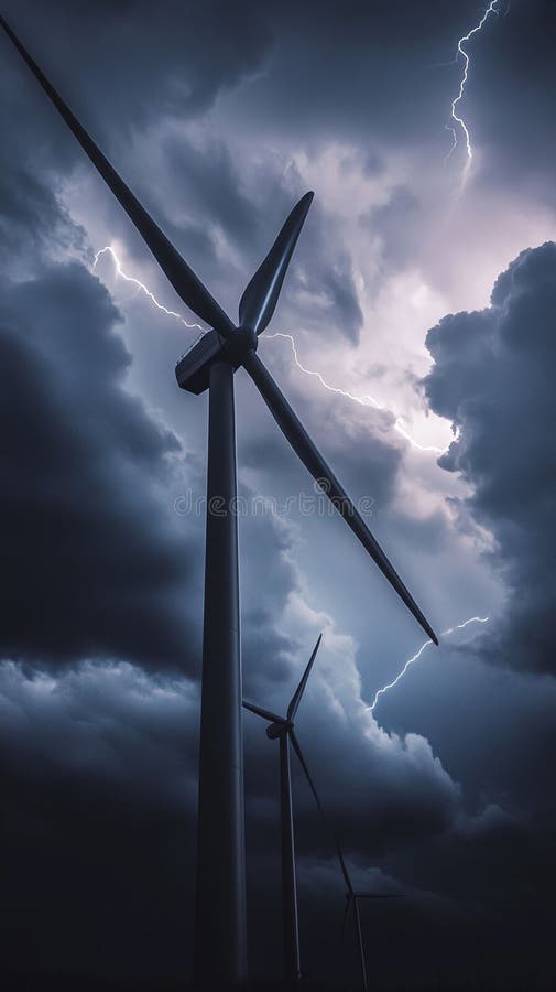 Wind Turbines Operating on a Stormy Evening with Lightning Illuminating ...
