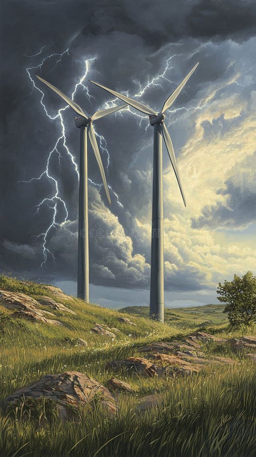 Wind Turbines Operating in Strong Winds with Storm Clouds Rolling in ...