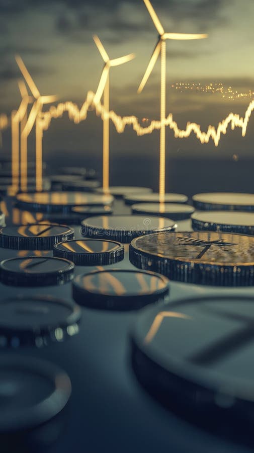 Wind Turbines Over Coins with Glowing Graph Line Glow Stock ...