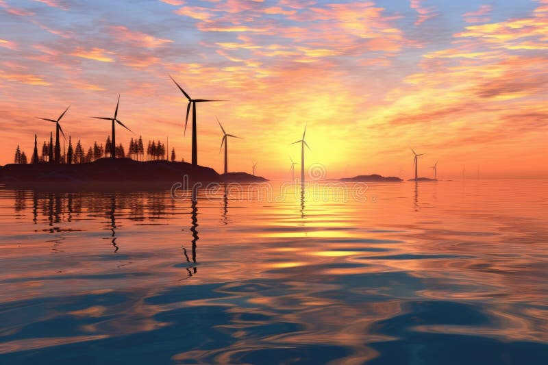 Wind Turbines Reflecting in a Calm Lake Stock Illustration ...