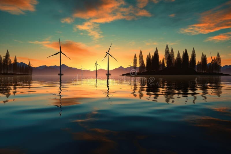 Wind Turbines Reflecting on Calm Lake Surface Stock Photo - Image of ...