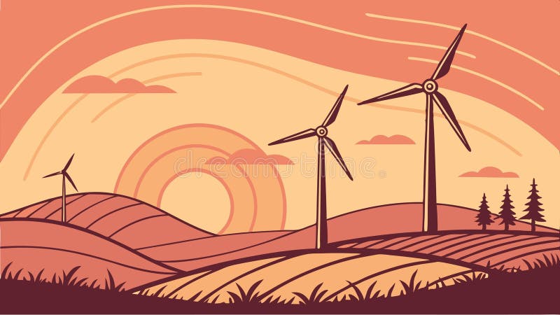 Wind Turbines on Rolling Hills, Renewable Energy Scene Vector Design ...