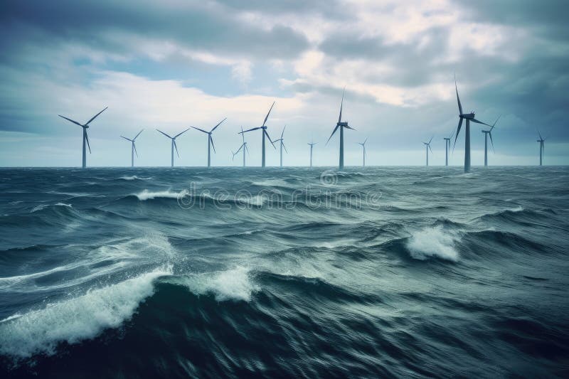 Wind Turbines in the Rough Sea Stock Illustration - Illustration of ...