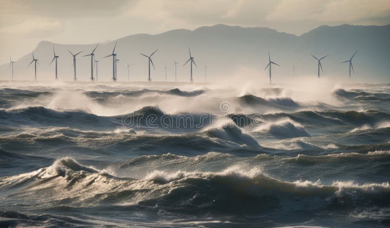 Wind Turbines in the Rough Sea Stock Illustration - Illustration of ...