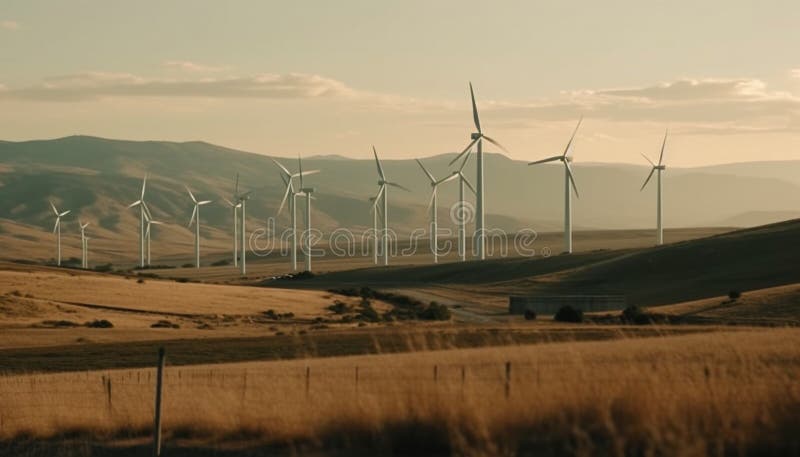 Wind Turbines in a Row, Spinning Blades Generate Renewable Energy ...