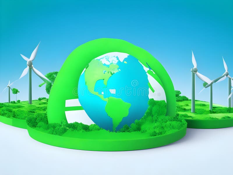 Wind Turbines Save the Earth Concept 3D Illustration Stock Illustration ...