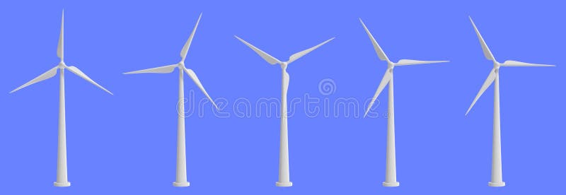 Wind Turbines Set in Different Positions Isolated on Blue Background ...