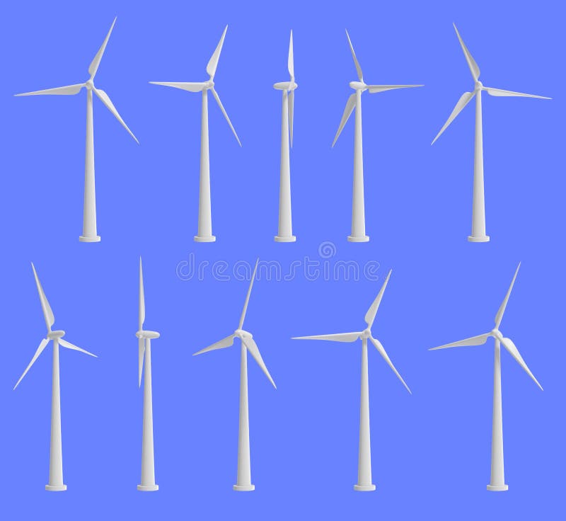 Wind Turbines Set in Different Positions Isolated on Blue Background ...