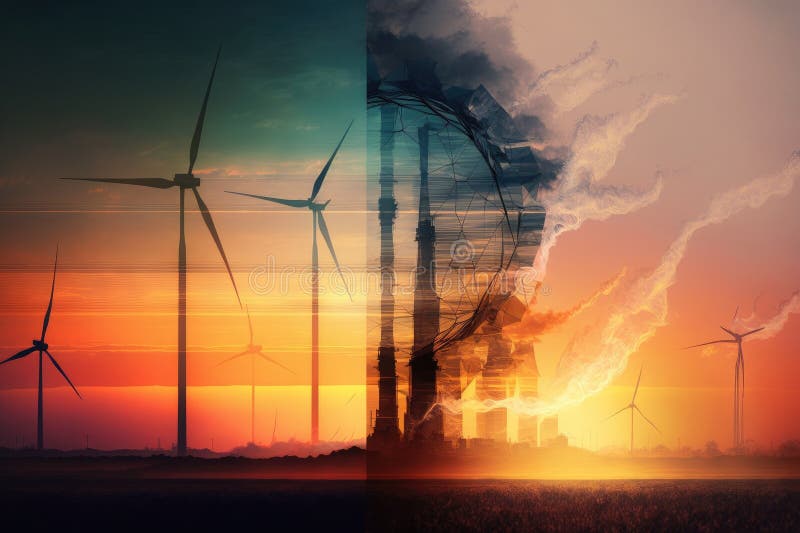 Wind Turbines and the Setting Sun Create Double Exposure of Energy ...