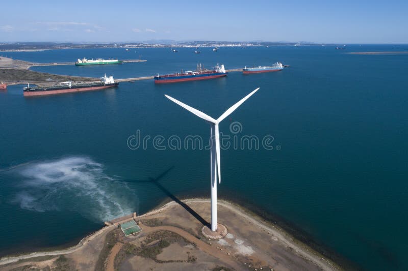 Wind Turbines on the Shore in Mediterranean Sea Stock Photo - Image of ...