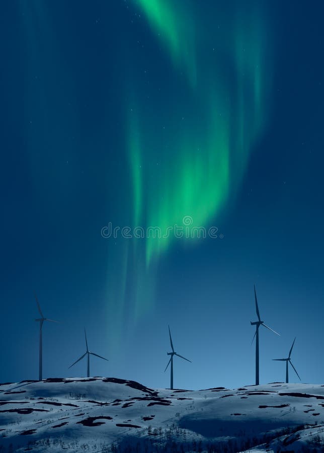 Wind Turbines on a Snowy Hill at Night with Aurora Stock Photo - Image ...