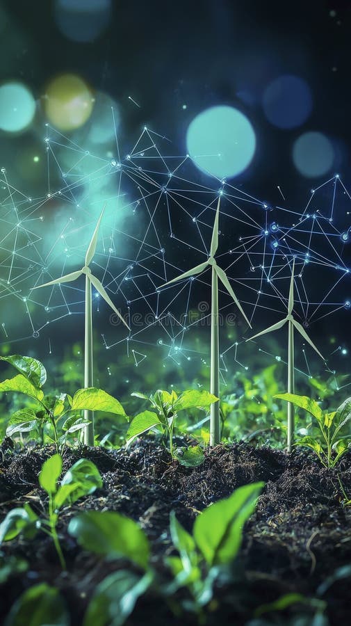 Wind Turbines Soaring Amidst Digital Energy Network Stock Illustration ...