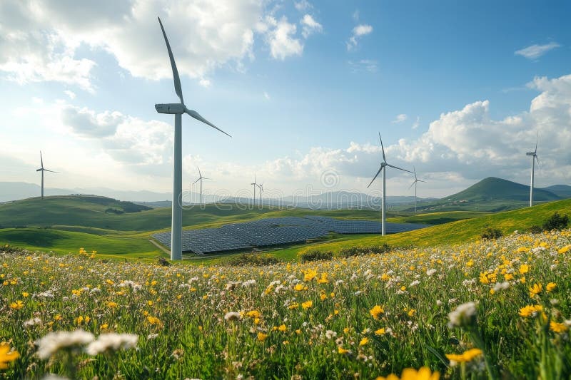 Wind Turbines and Solar in Grass Fields. Stock Photo - Image of nature ...