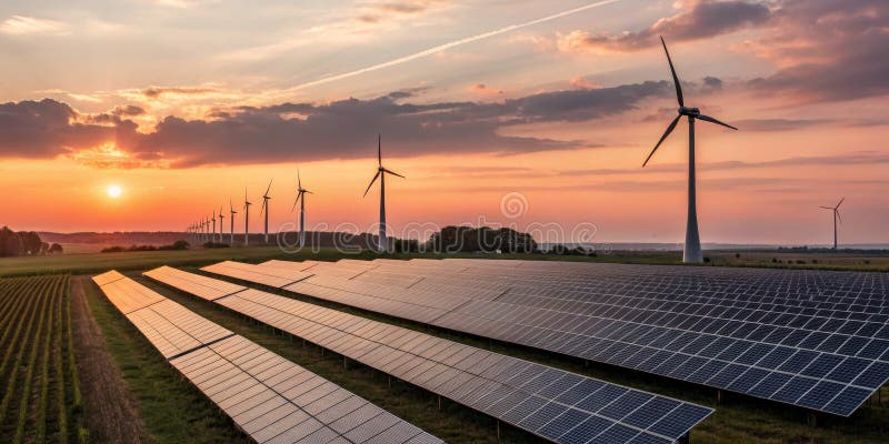Wind Turbines and Solar Panel Array at Sunset ,Renewable ,Energy Stock ...