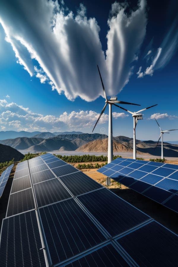 Wind Turbines and Solar Panels with Clouds on Sky, Created Using ...