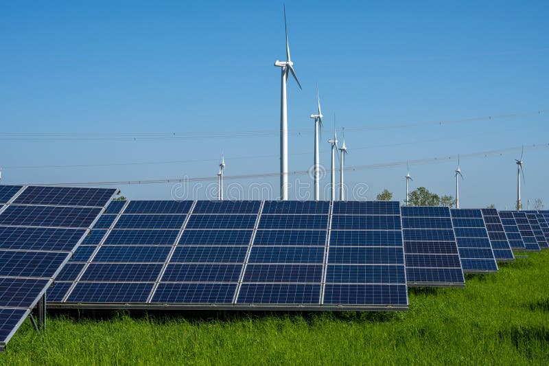 Wind Turbines, Solar Panels and Power Lines Stock Image - Image of mast ... Wind Turbines, Solar Panels and Power Lines Stock Image - Image of mast ...