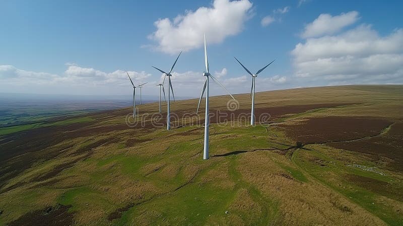 Wind Turbines Spinning on a Hilltop, Clear Sky Stock Photo - Image of ...
