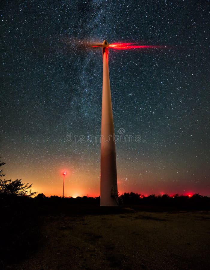 Wind Turbines on the Starry Night Sky with Milkyway Stock Photo - Image ...