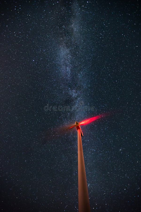 Wind Turbines on the Starry Night Sky with Milkyway Stock Photo - Image ...