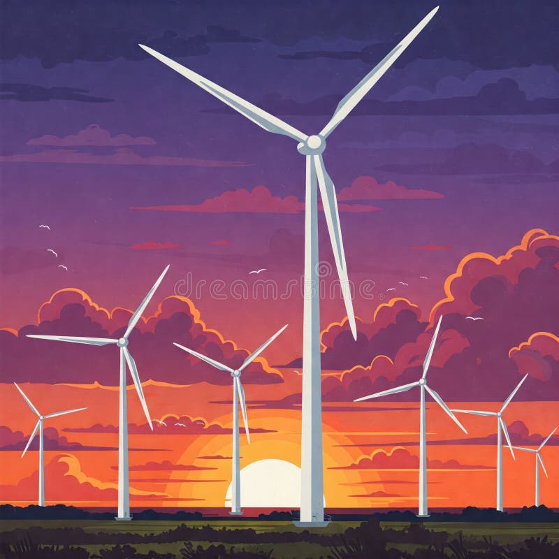 Wind Turbines at Sunset in a Field Under a Colorful Sky. Stock Photo ...