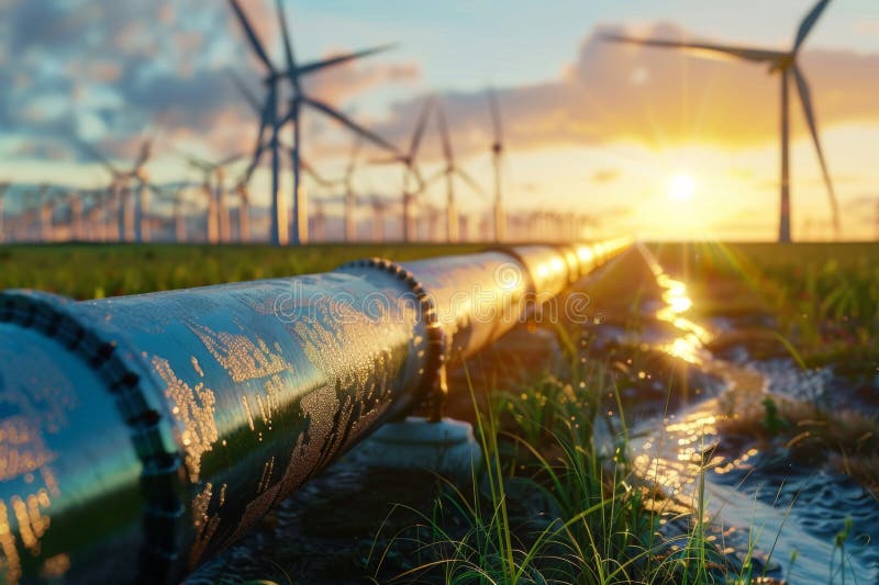 Wind Turbines at Sunset with Pipeline in Waterlogged Grassland Stock ...
