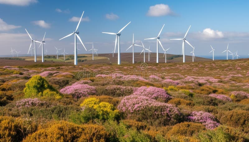 Wind Turbines Turning in a Row, Powering Sustainable Resources ...