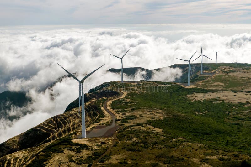 Wind Turbines, Windmill Generators Farm Over the Clouds. Stock Photo ...