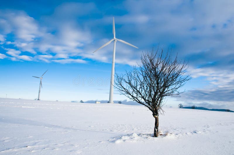 Wind Turbines in Winter Landscape Stock Photo - Image of industrial ...