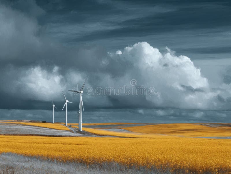 Wind Turbines in a Yellow Field Under a Dramatic Sky Stock Illustration ...