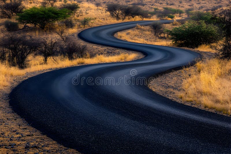 Winding Asphalt Road through Dry African Landscape with Sparse Trees ...