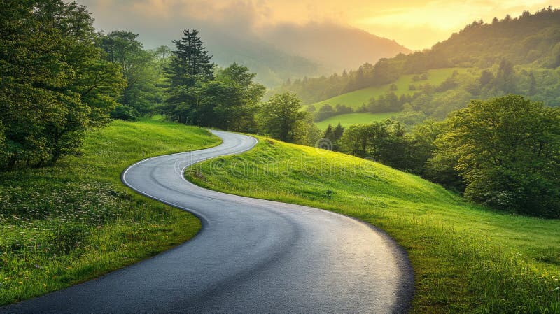 Winding Asphalt Road through Lush Green Hills at Sunset Stock ...