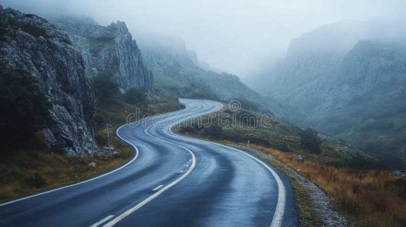 Winding Asphalt Road through Misty Mountain Pass Stock Illustration ...